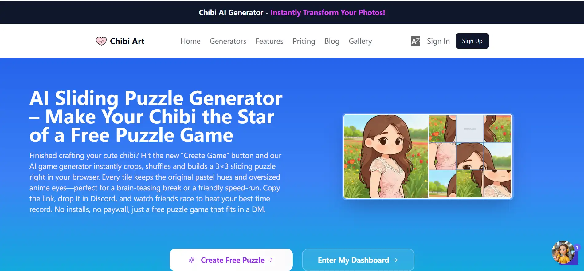 AI滑动拼图生成器 – 把你的Chibi变成免费益智游戏
